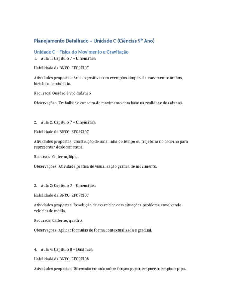 Planejamento Unidade C 9ano PREENCHIDO | PDF | Gravidade | Mecânica Clássica