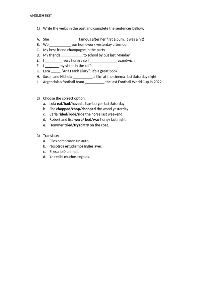 Test Past Simple Affirmative Reg and Irreg | PDF