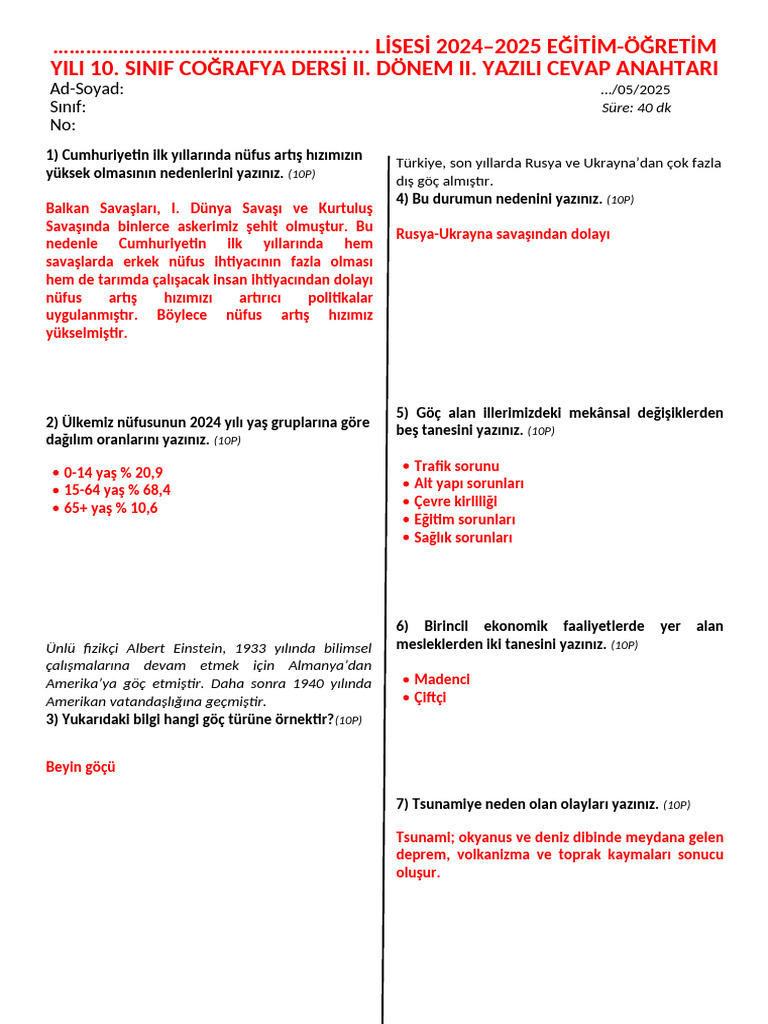 Cografya 10 Sinif 2 Donem 2 Yazili Cevap Anahtari 2024 2025 | PDF