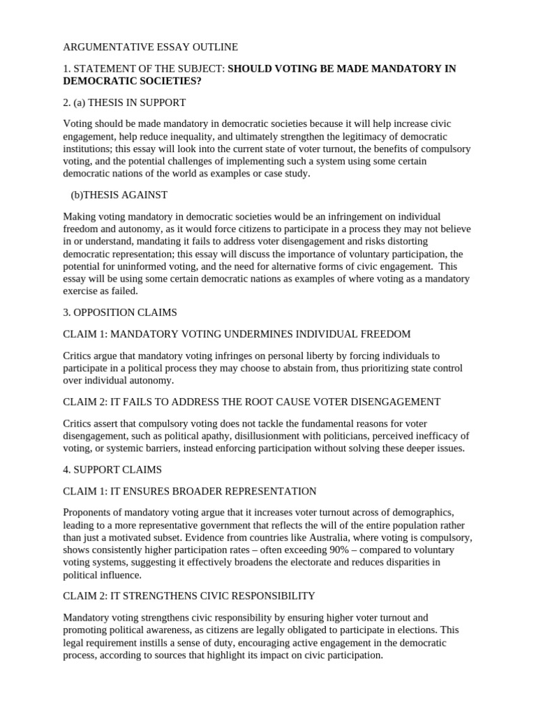 Argumentative Essay Outline | PDF | Civic Engagement | Democracy