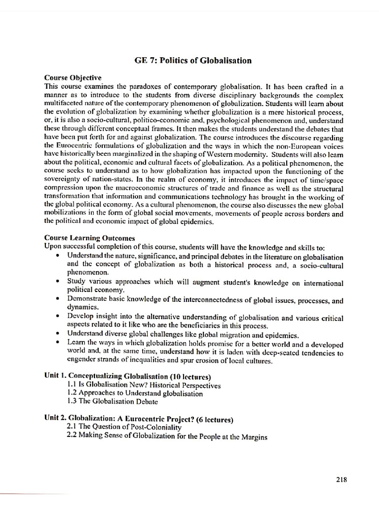 Politics of Globalisation GE Syllabus | PDF