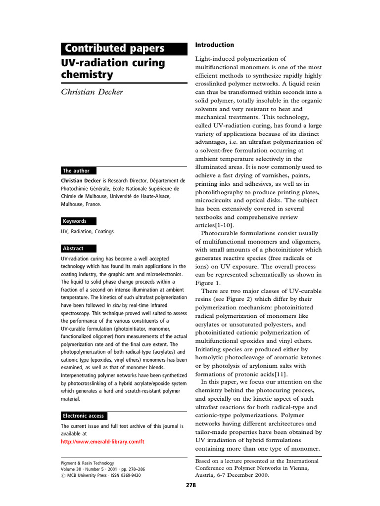 UV - Radiation Curing Chemistry | PDF | Polymerization | Epoxy