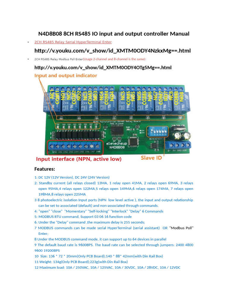 N4D8B08 8-Channel RS485 IO Input and Output Controller Manual | PDF | Direct Current | Relay