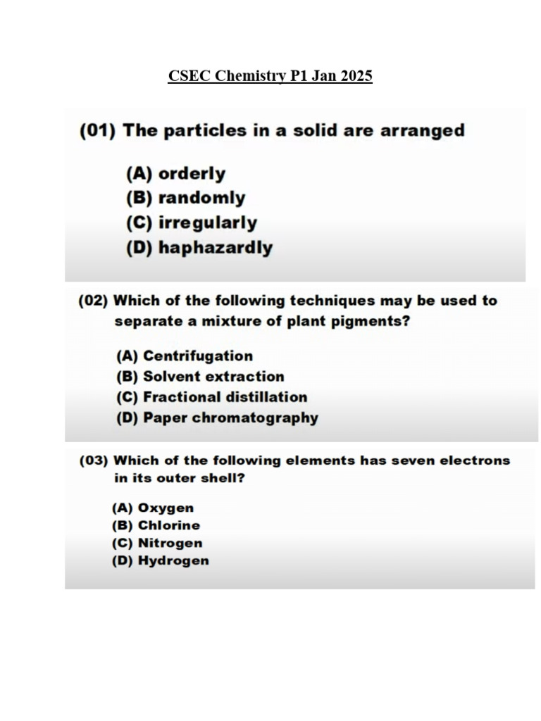 CSEC Chemistry P1 Jan 2025 | PDF