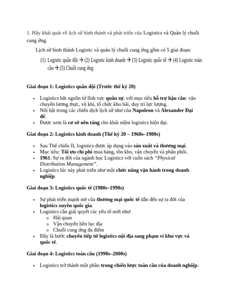 (1) Logistic quân đội (2) Logistic kinh doanh (3) Logistic quốc tế (4) Logistic toàn cầu (5 ...