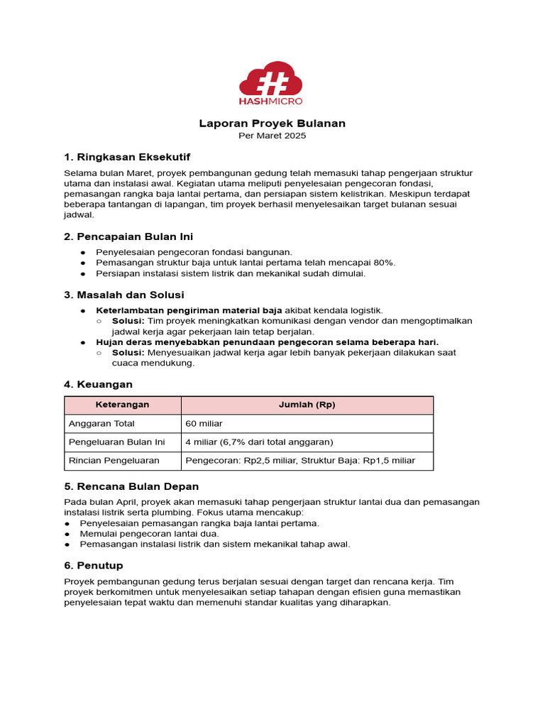 Contoh Laporan Progress Pekerjaan Bulanan | PDF