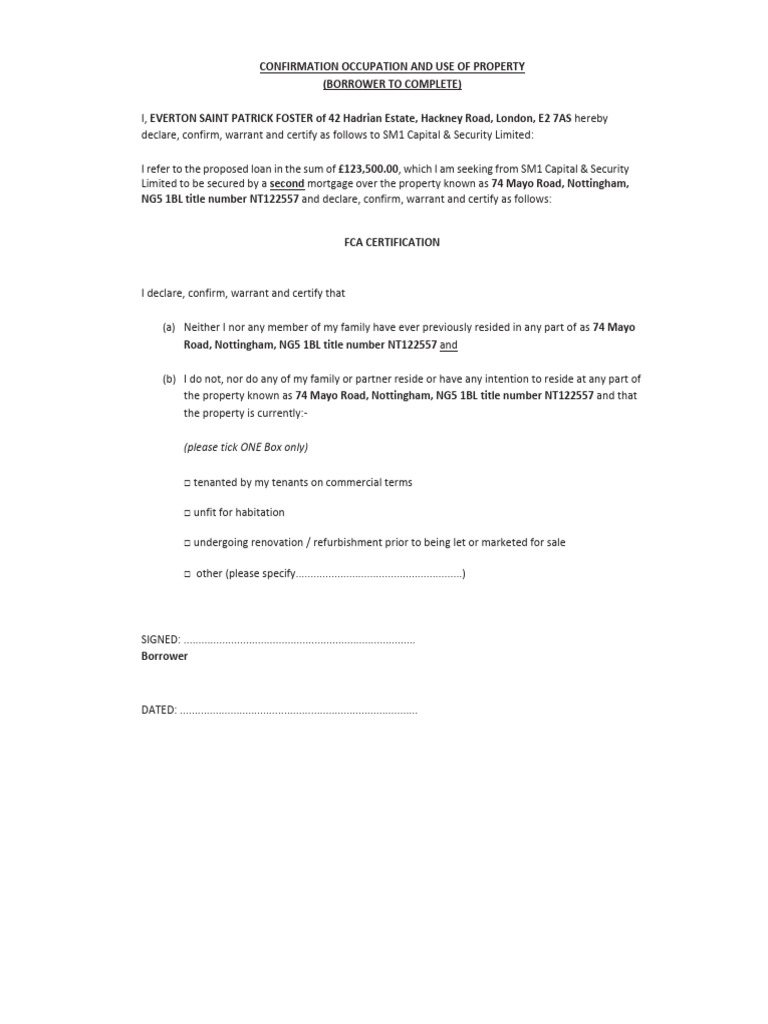 Confirmation Occupation and Use of Property | PDF