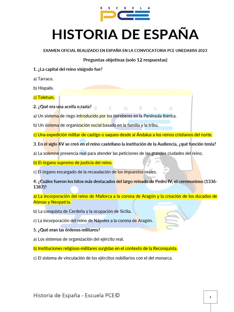 Historia de Espana Examen 2023 Escuela PCE Solucion | PDF | España ...