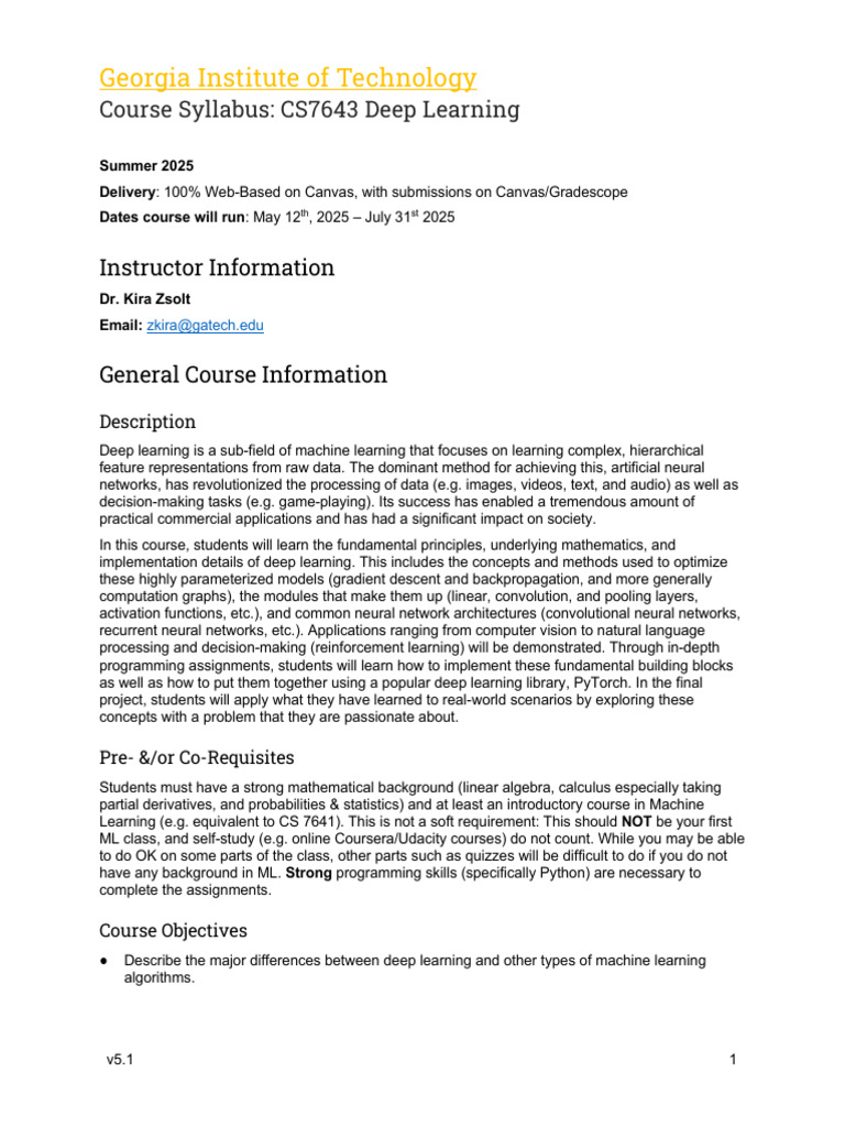 Sum 2025 CS7643 Deep Learning Syllabus and Schedule_v2 | PDF | Deep Learning | Applied Mathematics