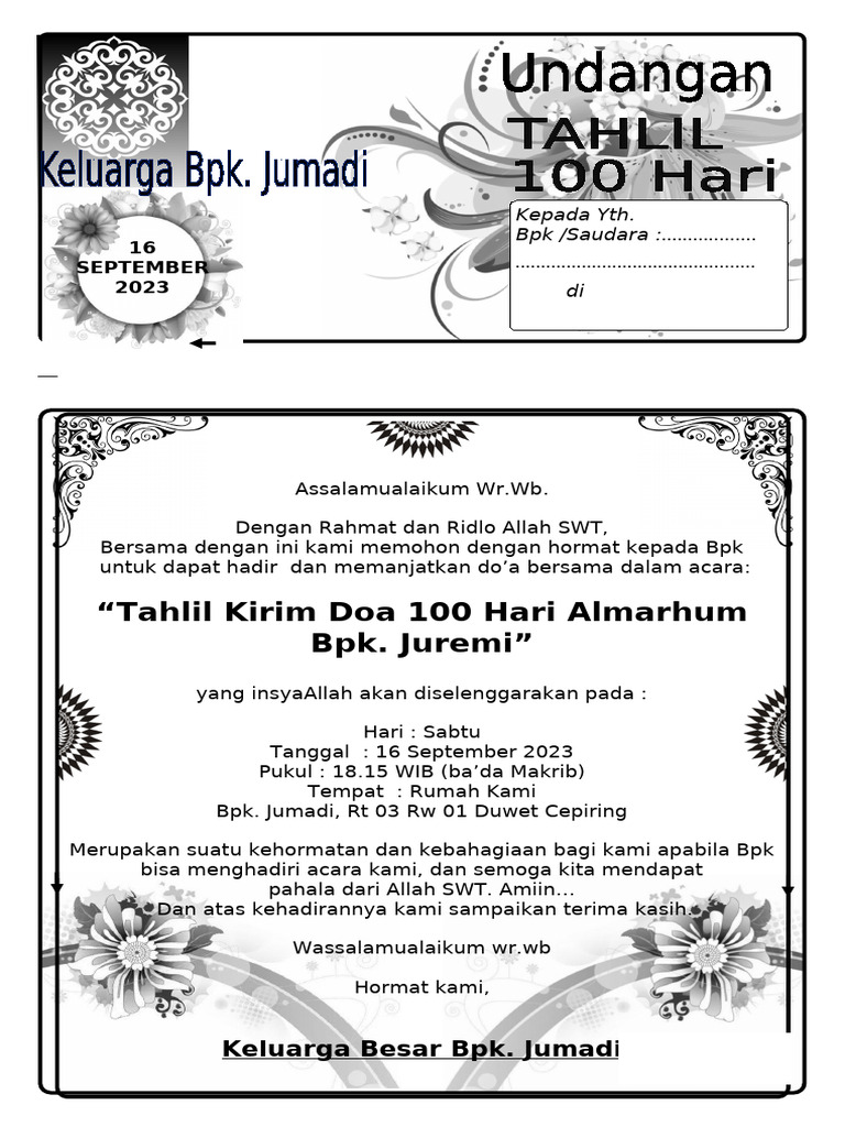 Undangan Tahlilan 40 Hari Mak Tin. | PDF