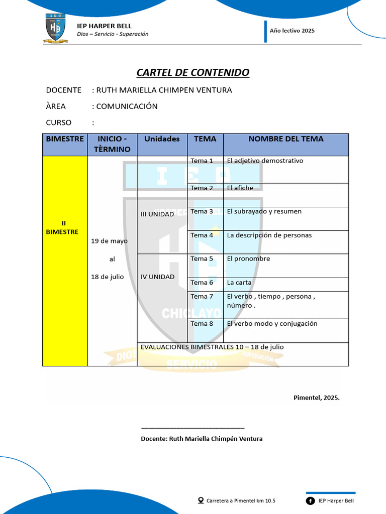 Contenido Académico IEP Harper Bell 2025 | PDF