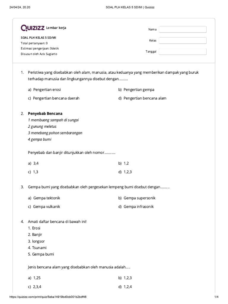 Soal PLH Kelas 5 SD - Mi - Quizizz | PDF