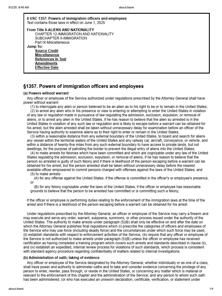 Immigration Officer Powers Under 8 USC 1357 | PDF | Search Warrant ...