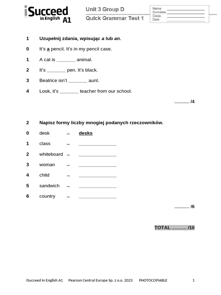ISucceed A1 Unit 3 Quick Grammar Test 1 Group D | PDF