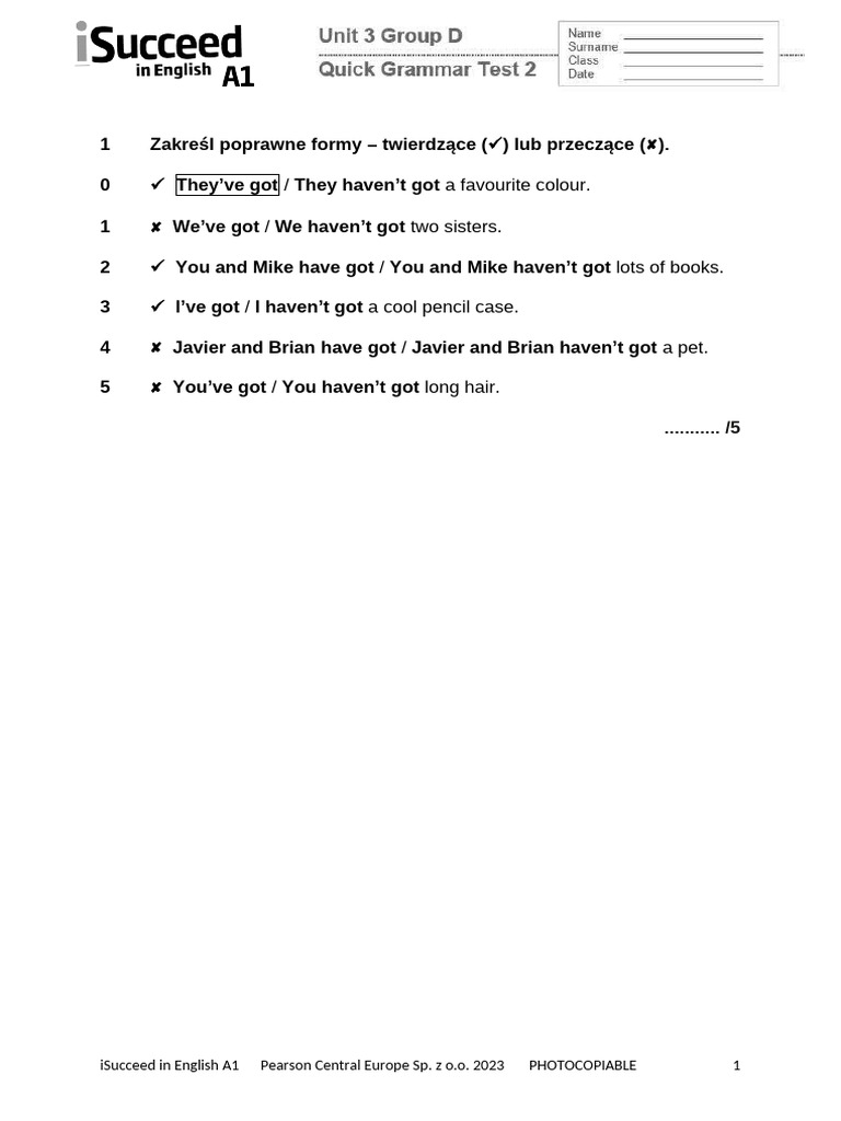 ISucceed A1 Unit 3 Quick Grammar Test 2 Group D | PDF