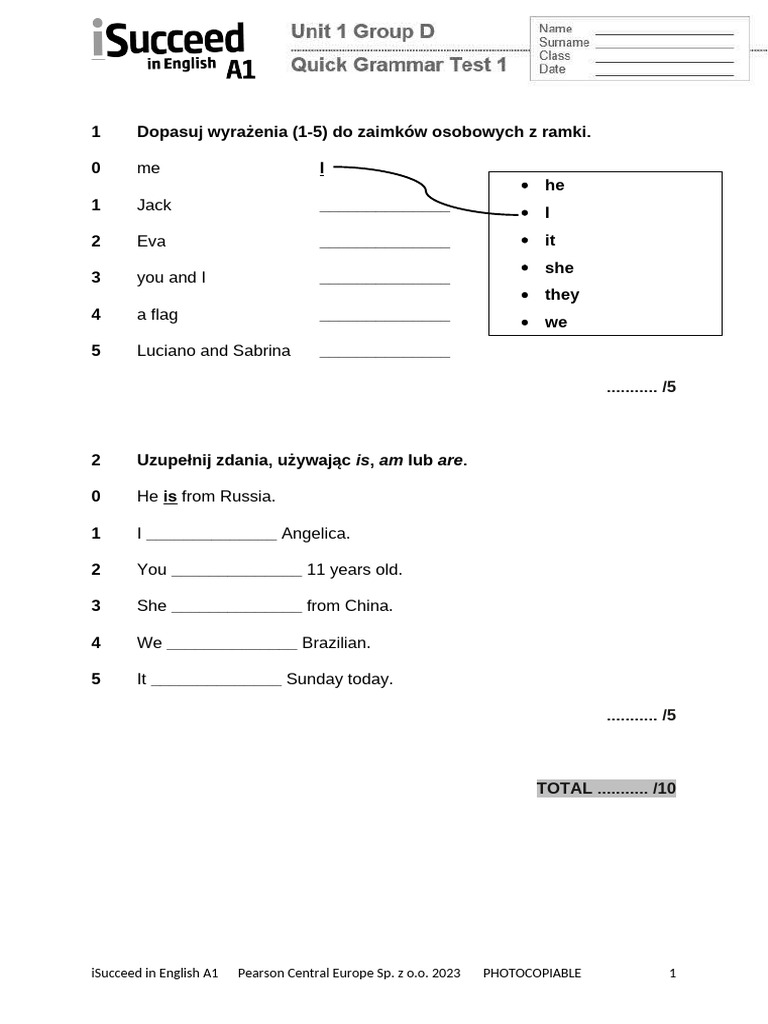 Isucceed - A1 - Unit 1 - Quick Grammar Test 1 - Group D | PDF