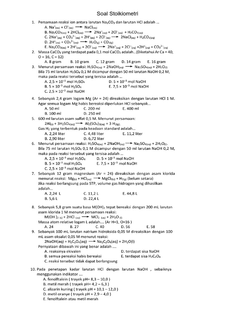 Soal Stoikiometri Dan Titrasi Kelas XI | PDF