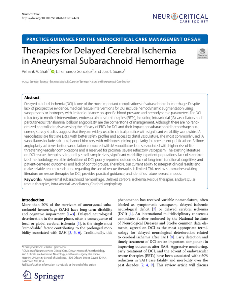 Vishank A Shah Therapies For Delayed Cerebral Ischemia | PDF | Angiography | Blood Pressure