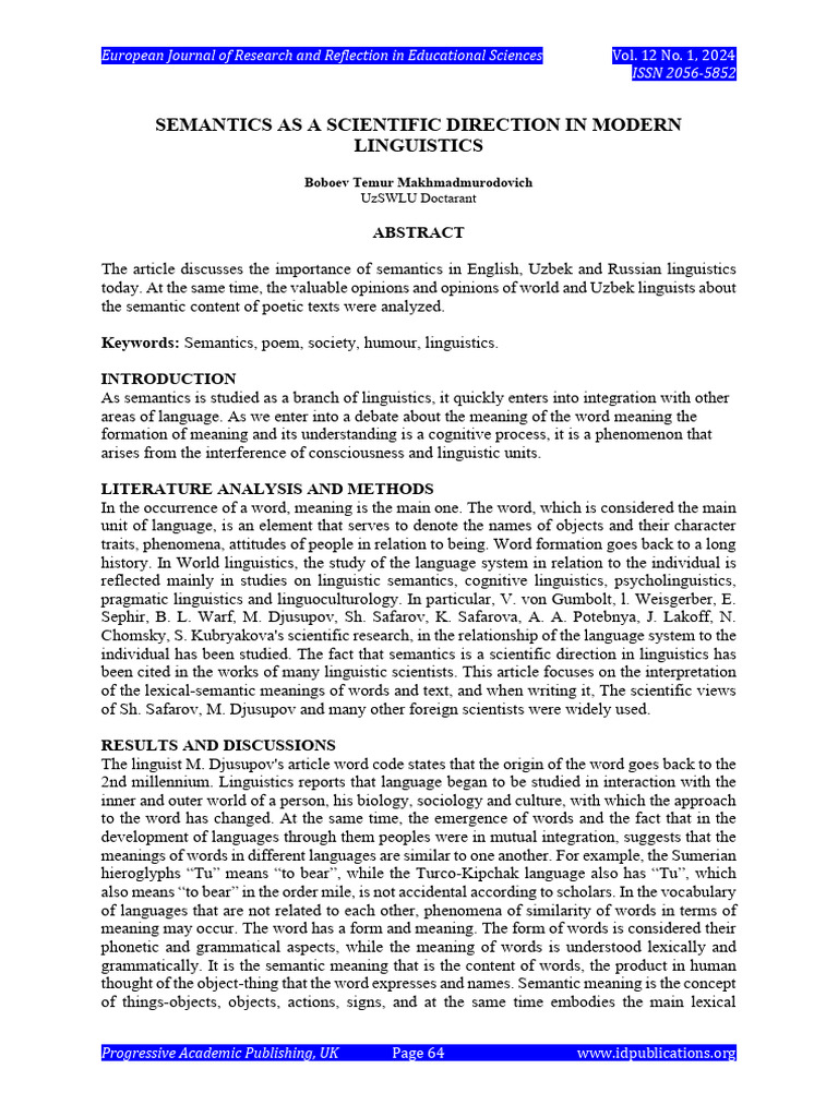 Full Paper Semantics As A Scientific Direction in Modern Linguistics ...