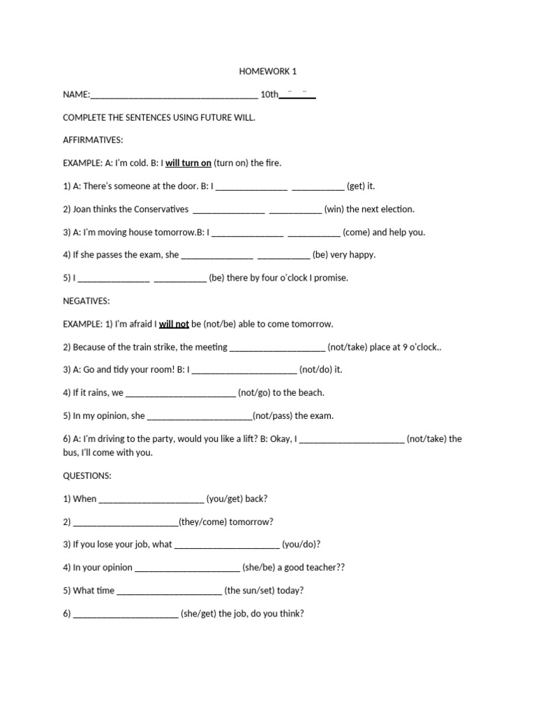 Future Simple Will Exercises | PDF