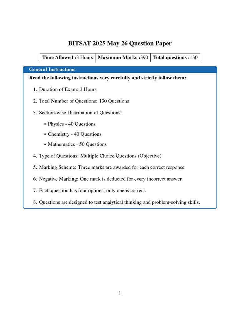 BITSAT_Question_Paper_2f6a20bb724bf298ded3209707f9ede7 | PDF | Chemical ...