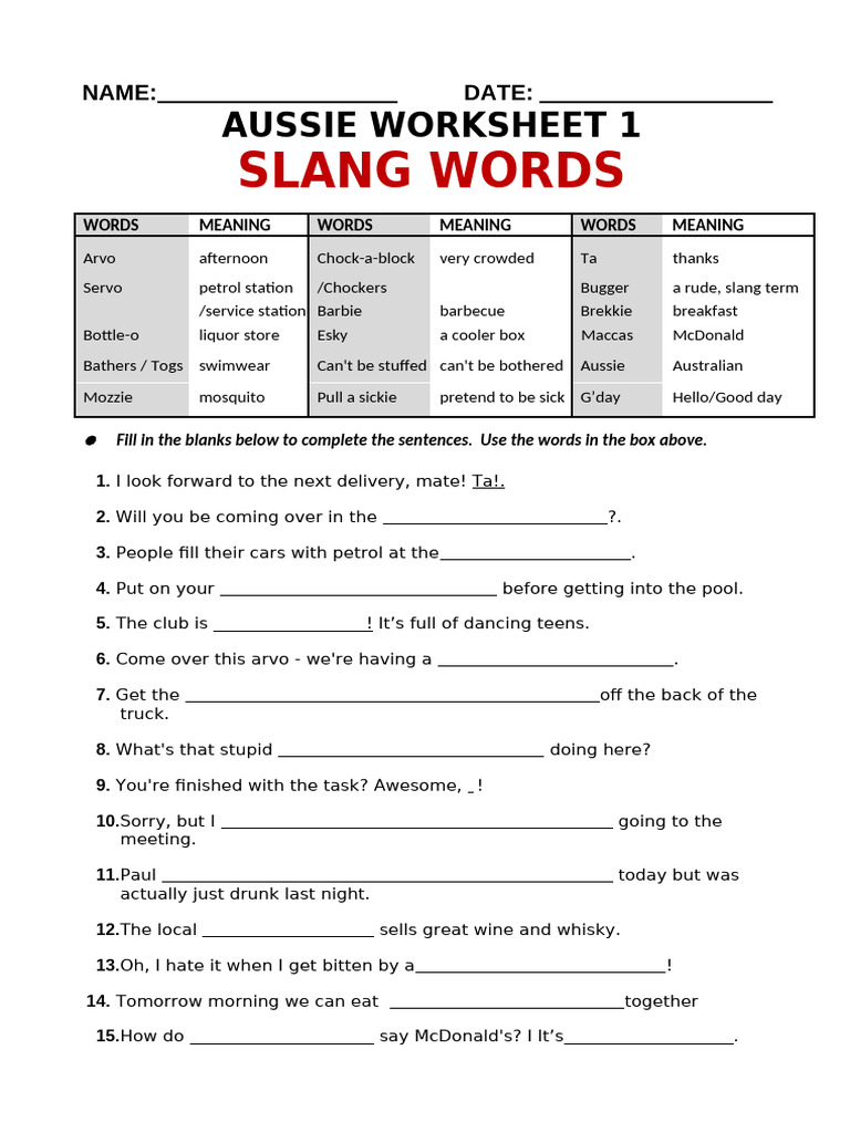Aussie Slang Words 1 | PDF