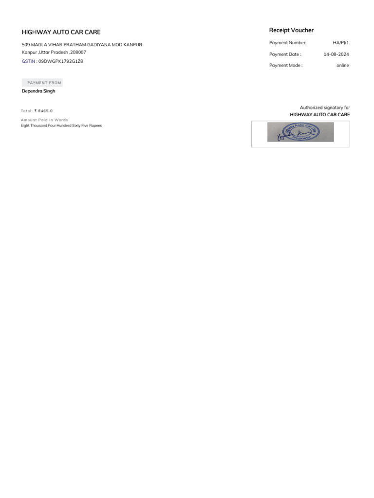 Highway Auto Car Care Payment Receipt | PDF