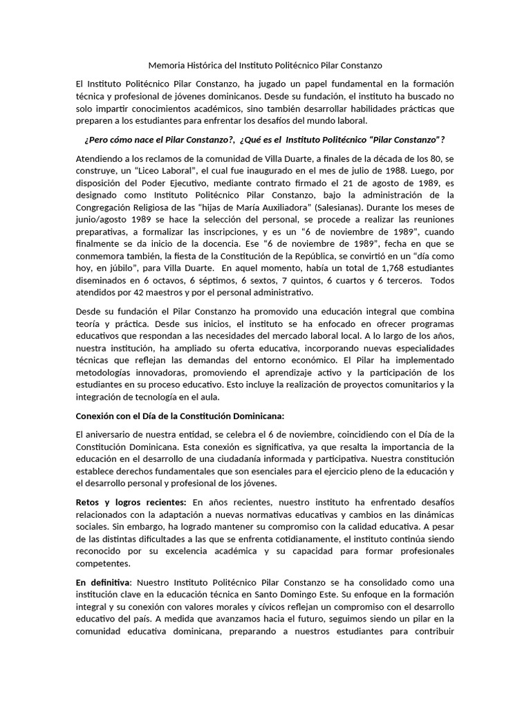 Memoria Histórica Del Instituto Politécnico Pilar Constanzo | PDF ...