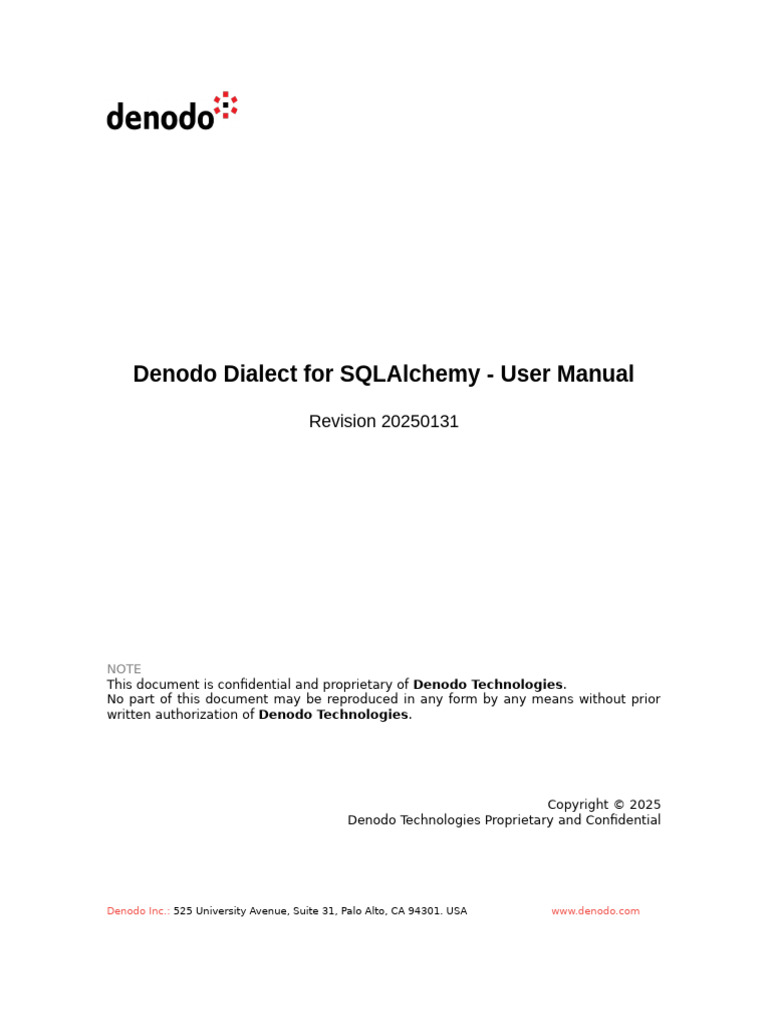 Denodo Dialect For SQLAlchemy - User Manual 20250131 | PDF | Databases | Programming Language