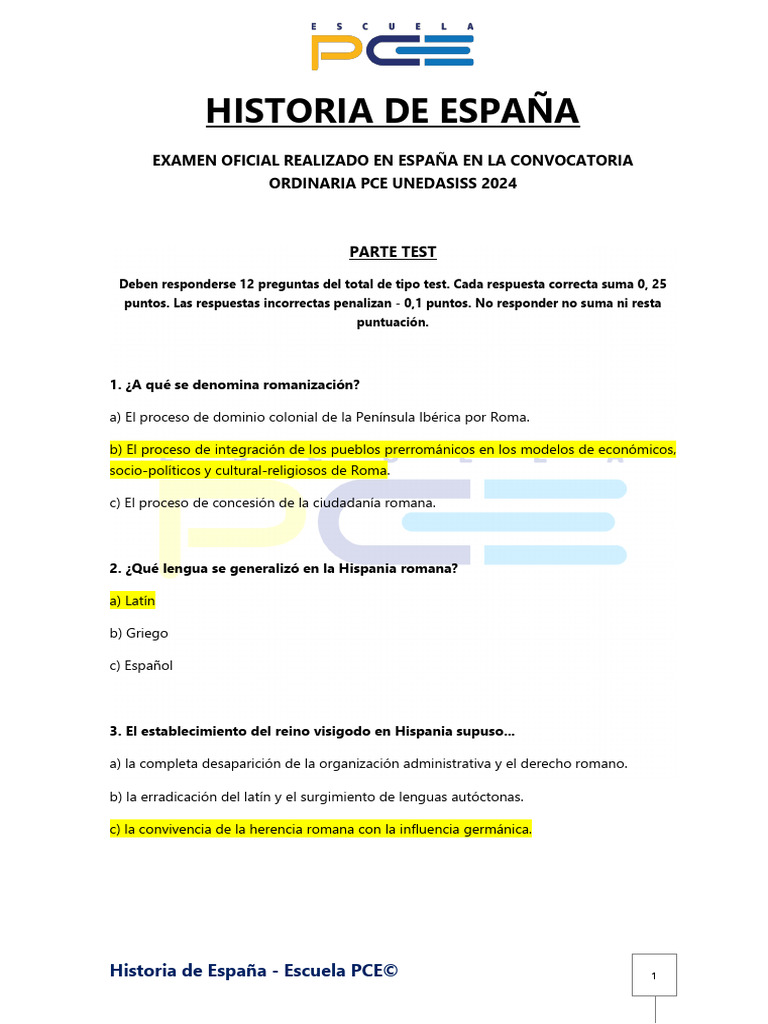 Resolucion Examen Historia de Espana 2024 Escuela PCE | PDF | España ...