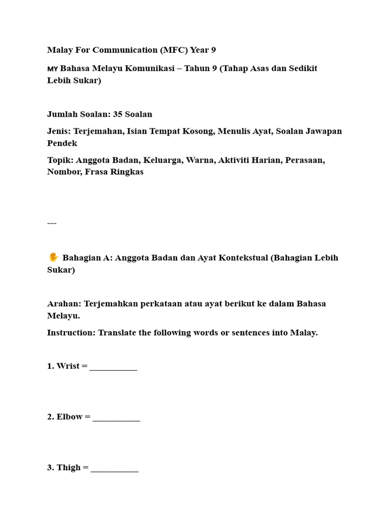 Malay For Communication Y9 | PDF