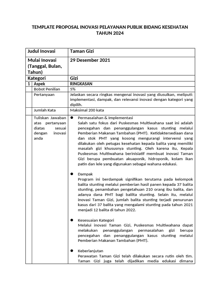 Puskesmas Multiwahana - Taman Gizi - Template Proposal Inovasi Pelayanan Publik 2024 | PDF