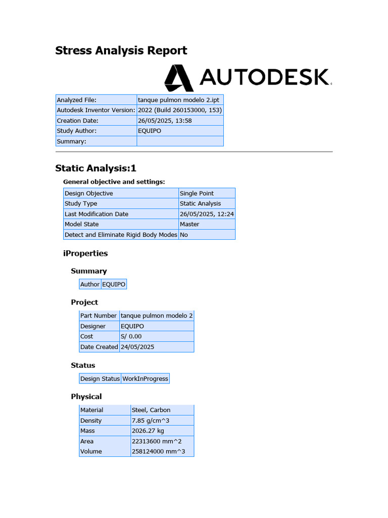 Tanque Pulmon Modelo 2.ipt Stress Analysis Report 24-05-2025 | PDF | Strength Of Materials ...