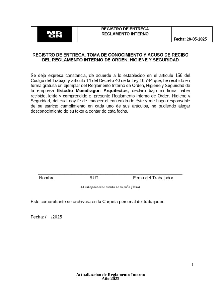 Entrega de Recepcion Reglamento Interno Riohs Actualizado 2025 e,Presa Estudio Mondragon ...