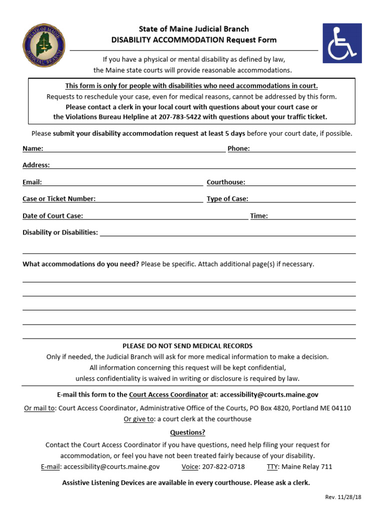 Disability Accommodation Request (Maine Court) - Requesting Accommodation | PDF