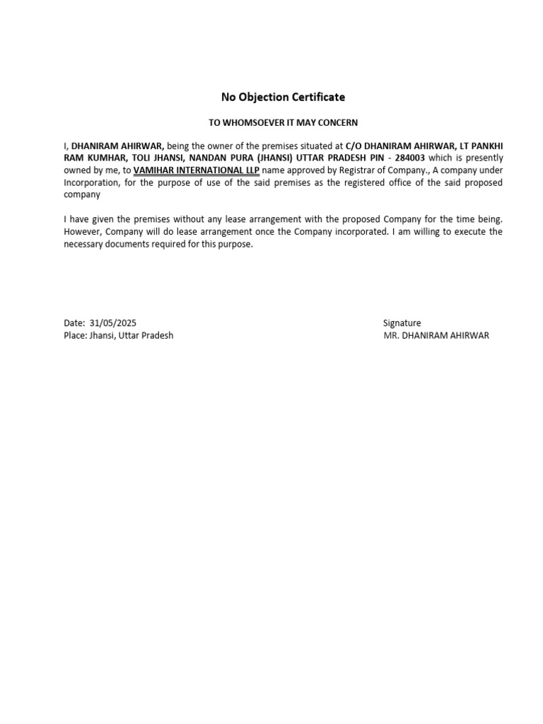 No Objection Certificate for Vamihar LLP | PDF