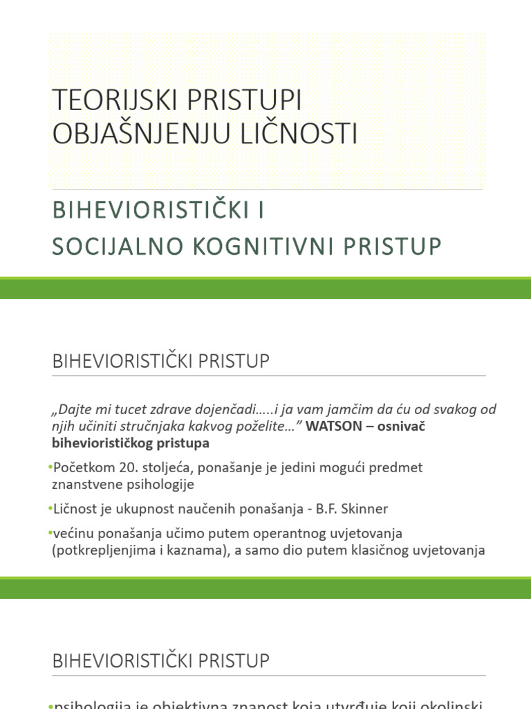 Teorijski Pristupi Objašnjenju Ličnosti - Bihevioristički I Socijalno-Kognitivni Pristup | PDF