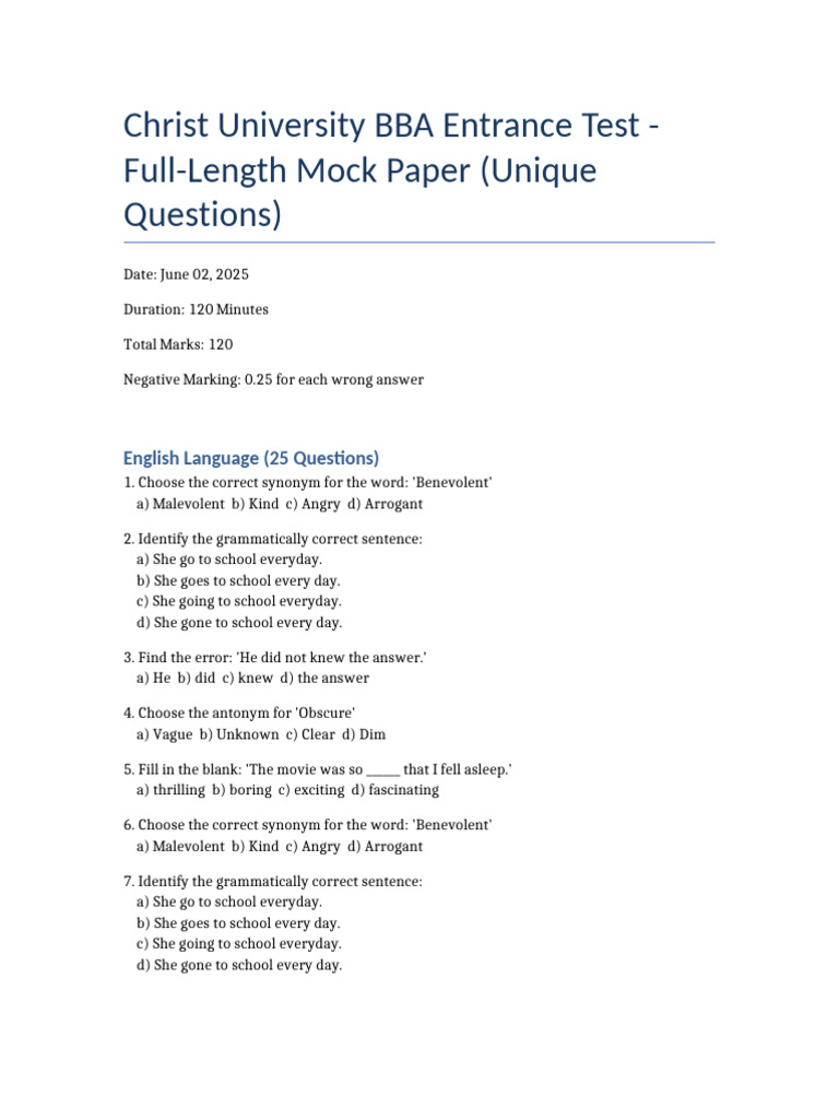 Christ University BBA Mock Test Paper | PDF | Debits And Credits ...