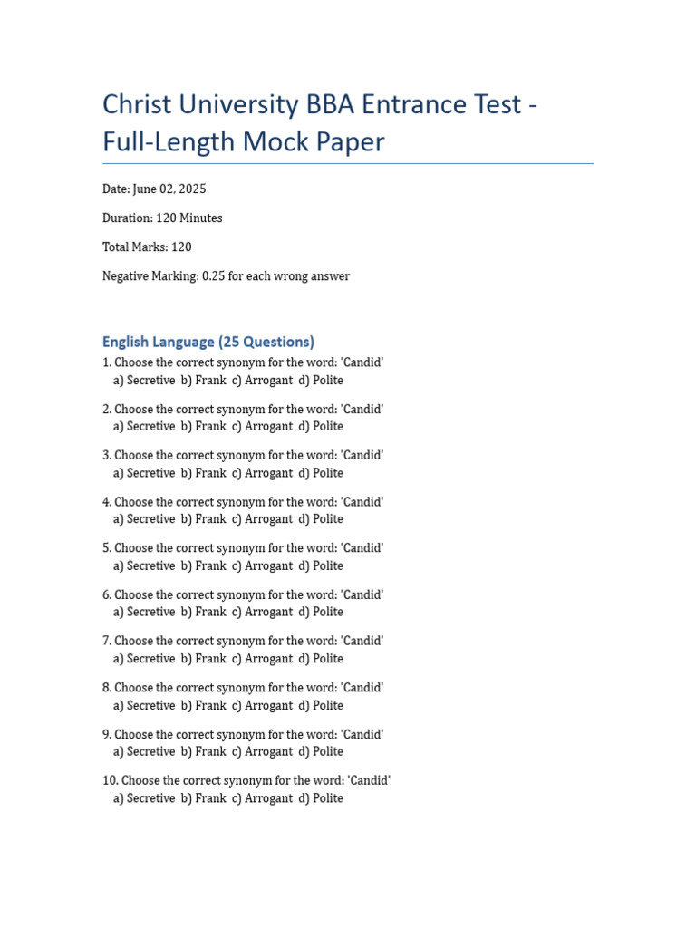 Christ BBA Entrance Full Mock Test | PDF | Expense