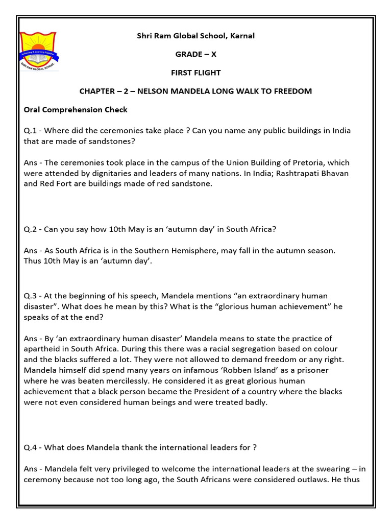 Grade X CH - 2 - Nelson Mandela Long Walk To Freedom (First Flight ...