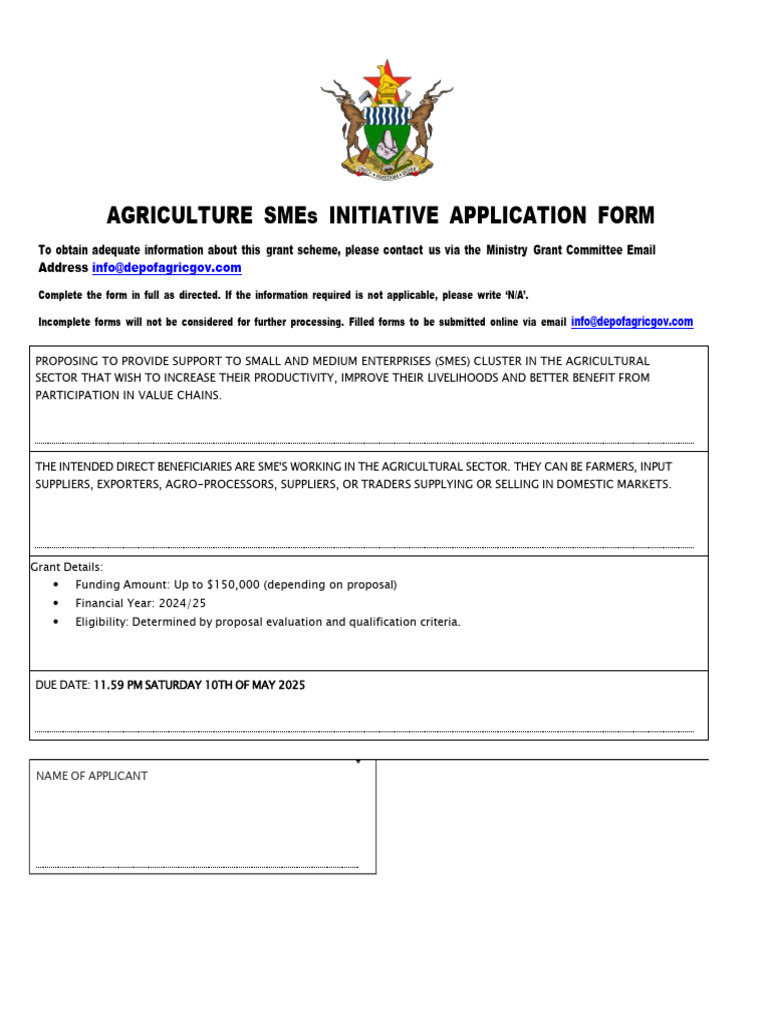 AGRICULTURE SMEs INITIATIVE APPLICATION FORM | PDF | Small And Medium ...