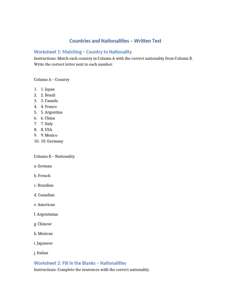 Countries_and_Nationalities_Written_Test | PDF