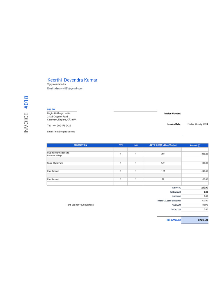 Invoice #018 - Keerthi Devendra Kumar | PDF