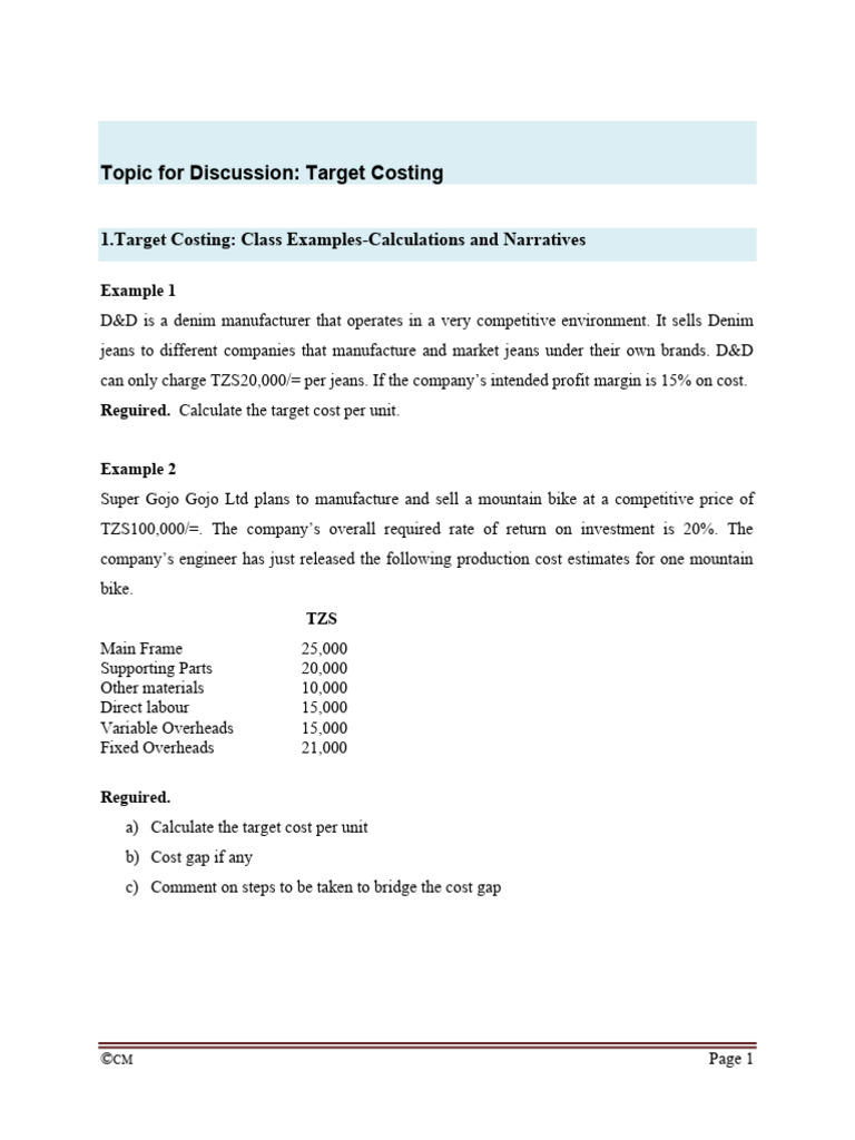 Ac 313 - Target Costing - Handout - 2024 | PDF | Cost | Cost Of Goods Sold