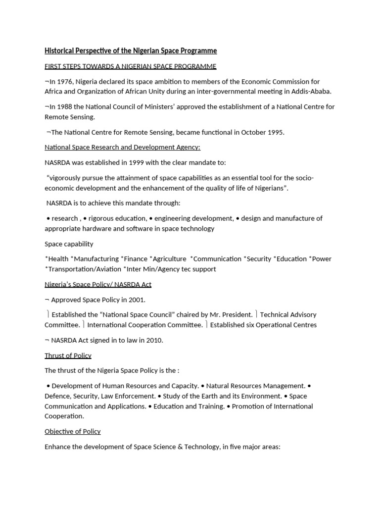 Historical Perspective of The Nigerian Space Programme | PDF