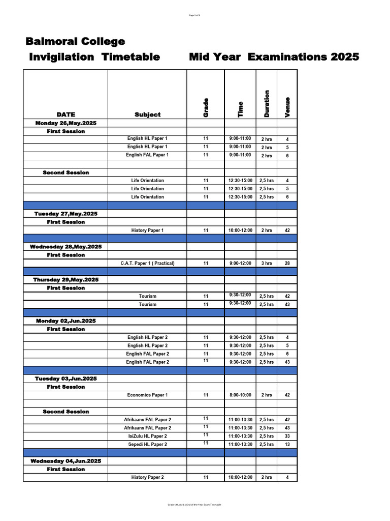 Grade 11 Mid Year Exam Timetable 2025 | PDF | Educational Stages