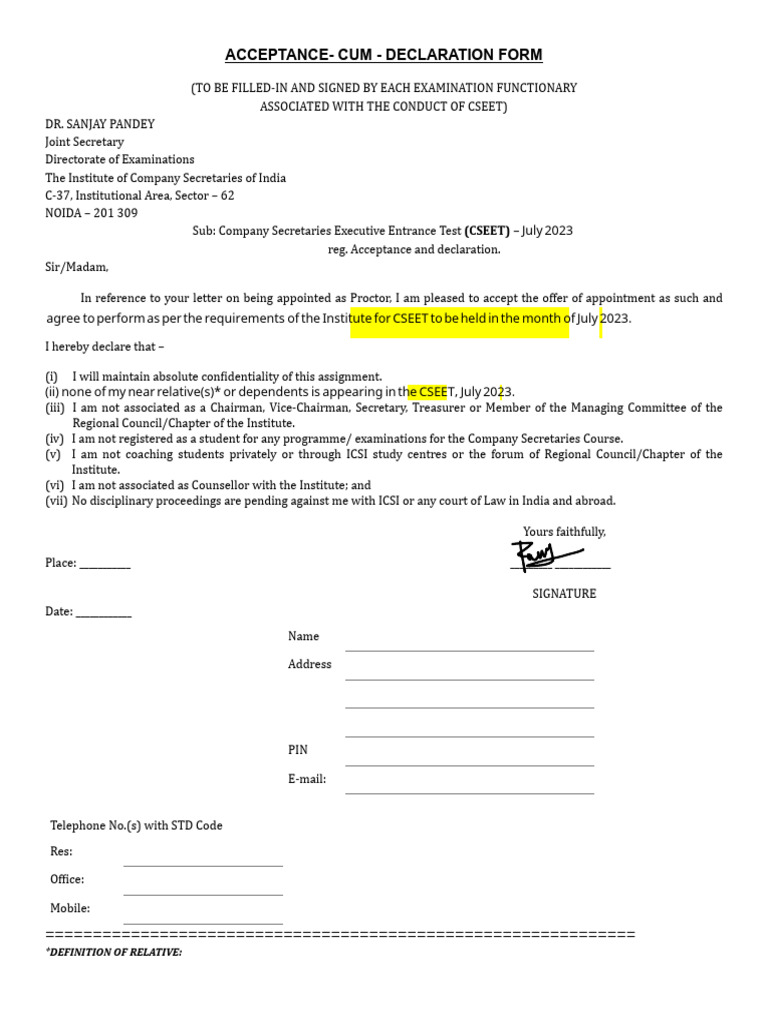 Declaration Proctor CSEET | PDF
