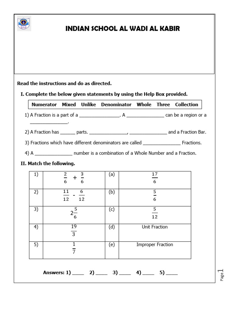 2546001-2. FRACTIONS - Recall Worksheet - Class 5 (2023-24) .. Flavia | PDF | Mathematical ...