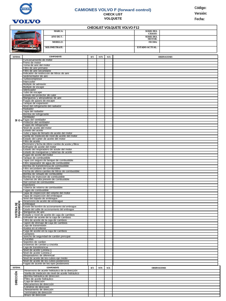 Checklist de Mantenimiento Volvo F12 | PDF | Inyección de combustible ...