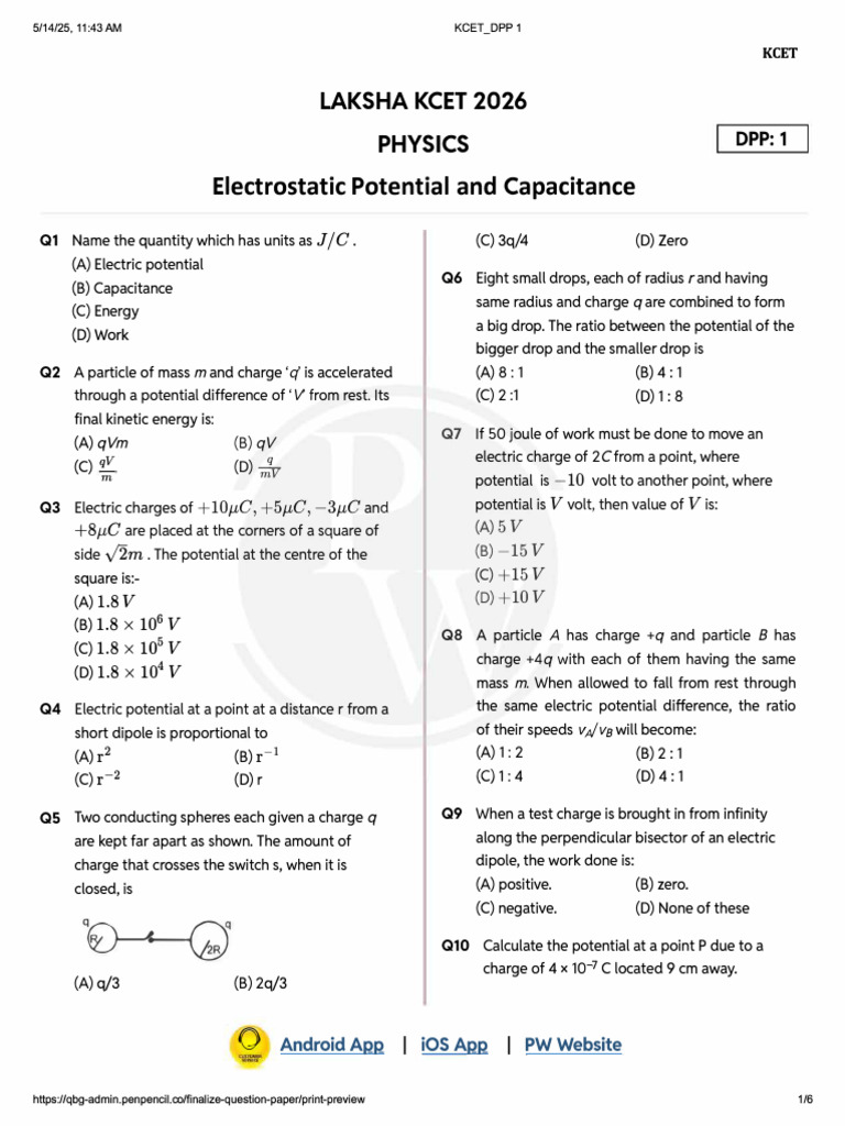 6825a016f865ce0ef73deeee - ## - Electrostatic Potential and Capacitance - DPP 01 - Lakshya KCET ...